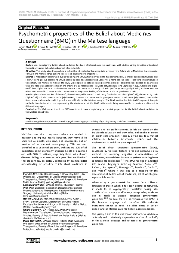 (PDF) Psychometric properties of the Belief about Medicines ...