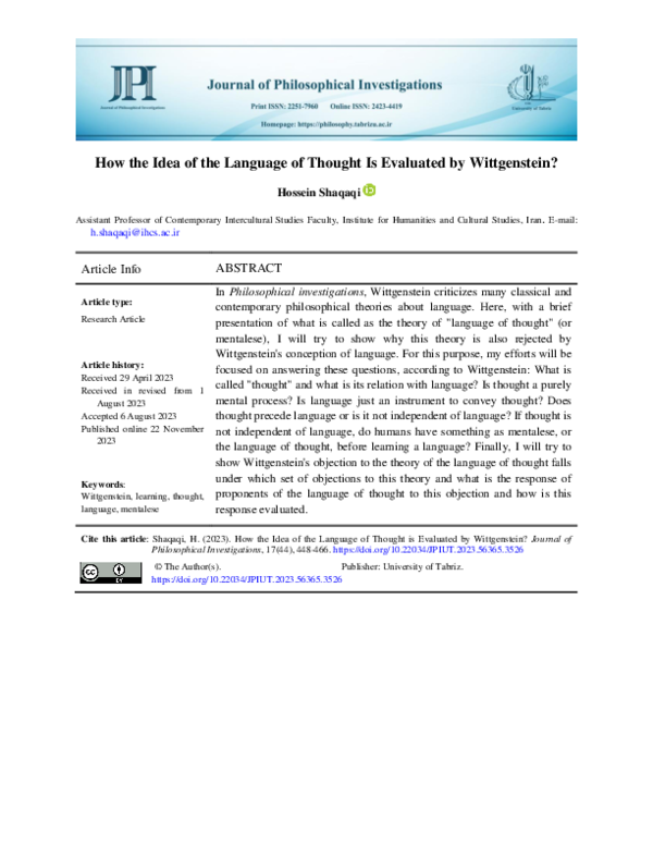 (PDF) How the Idea of the Language of Thought Is Evaluated by Wittgenstein