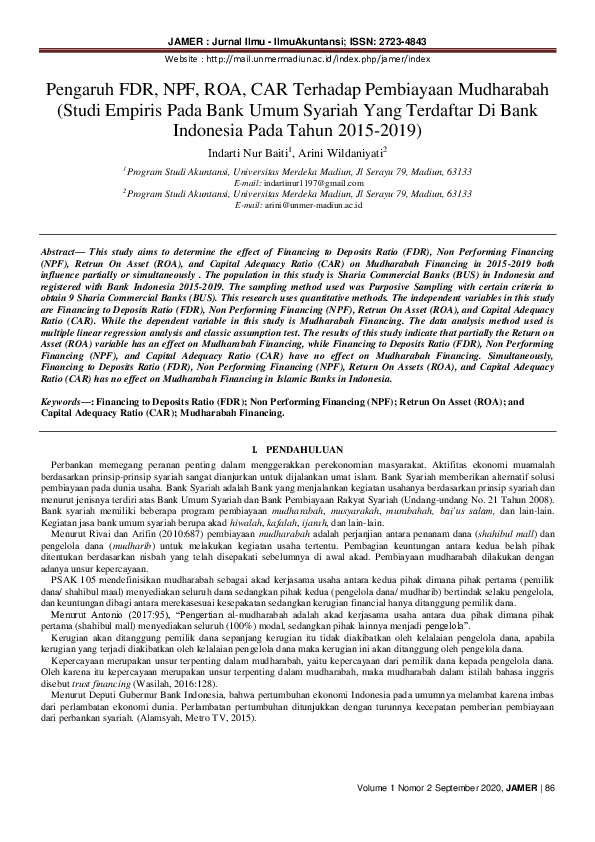 (PDF) Pengaruh FDR, NPF, ROA, CAR Terhadap Pembiayaan Mudharabah (Studi ...