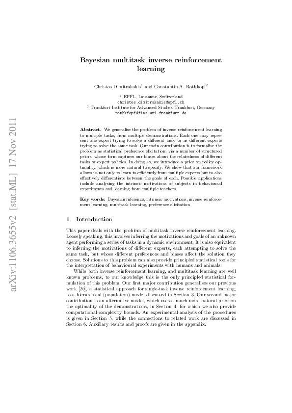 (PDF) Bayesian Multitask Inverse Reinforcement Learning