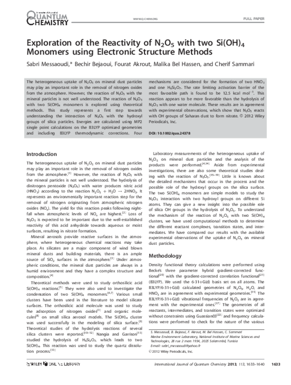 (PDF) Exploration of the reactivity of N2O5 with two Si(OH)4 monomers using electronic structure ...