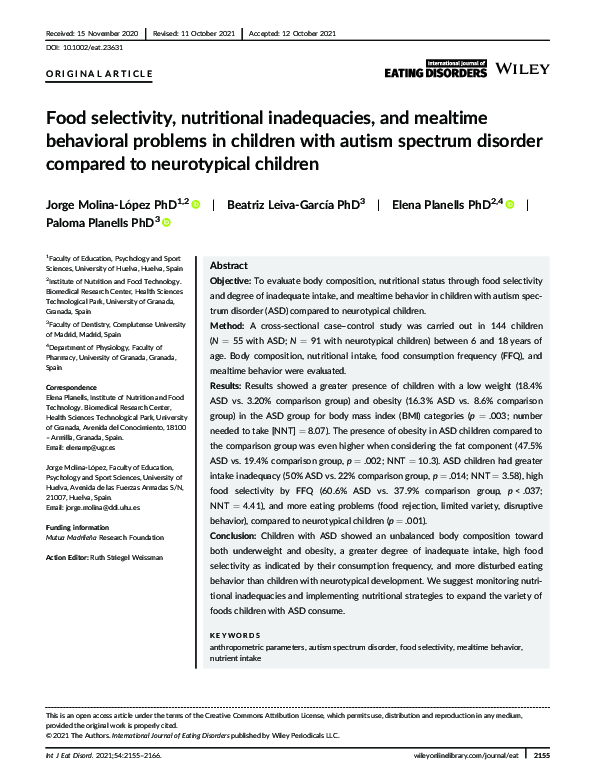 (PDF) Food selectivity, nutritional inadequacies, and mealtime ...