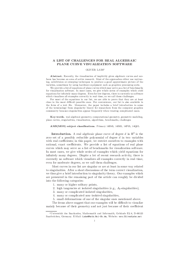 Pdf A List Of Challenges For Real Algebraic Plane Curve Visualization Software