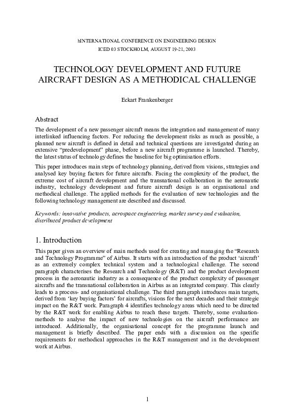 (PDF) Technology Development and Future Aircraft Design as a Methodical Challenge