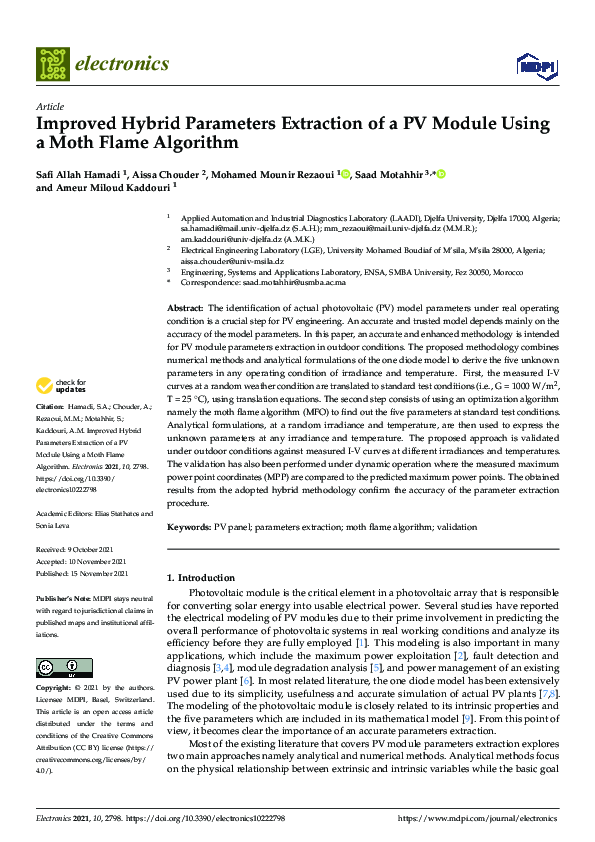 (PDF) Improved Hybrid Parameters Extraction of a PV Module Using a Moth Flame Algorithm