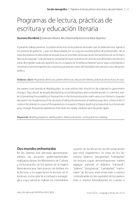 (PDF) Programas de lectura, prácticas de escritura y educación literaria