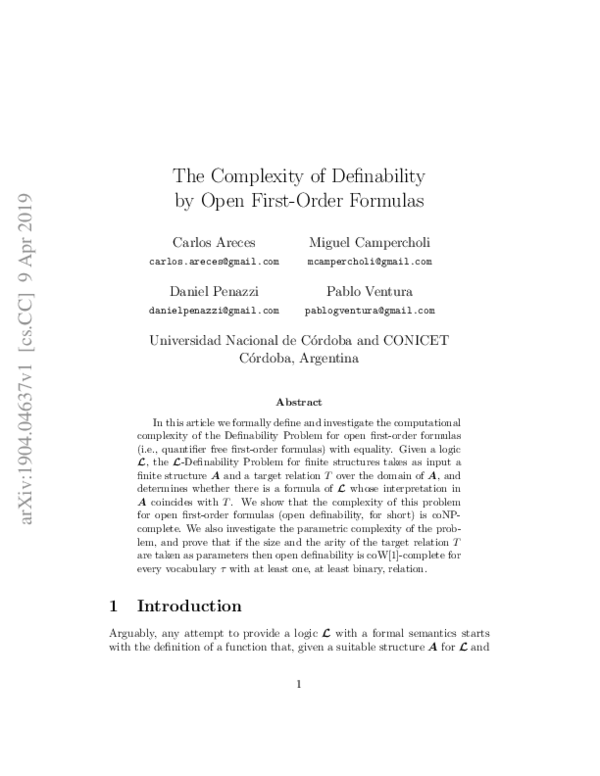 Pdf The Complexity Of Definability By Open First Order Formulas