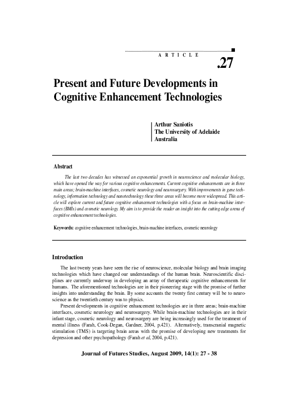 (PDF) Present and future developments in cognitive enhancement technologies