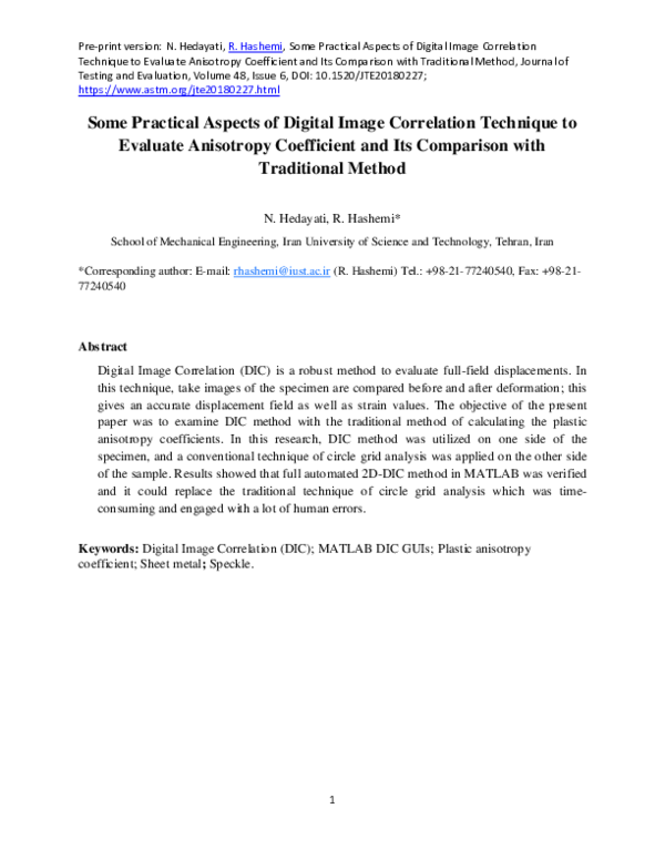 (PDF) Some Practical Aspects of Digital Image Correlation Technique to Evaluate Anisotropy ...