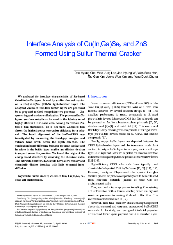 (PDF) Interface Analysis of Cu(In,Ga)Se2 and ZnS Formed Using Sulfur ...