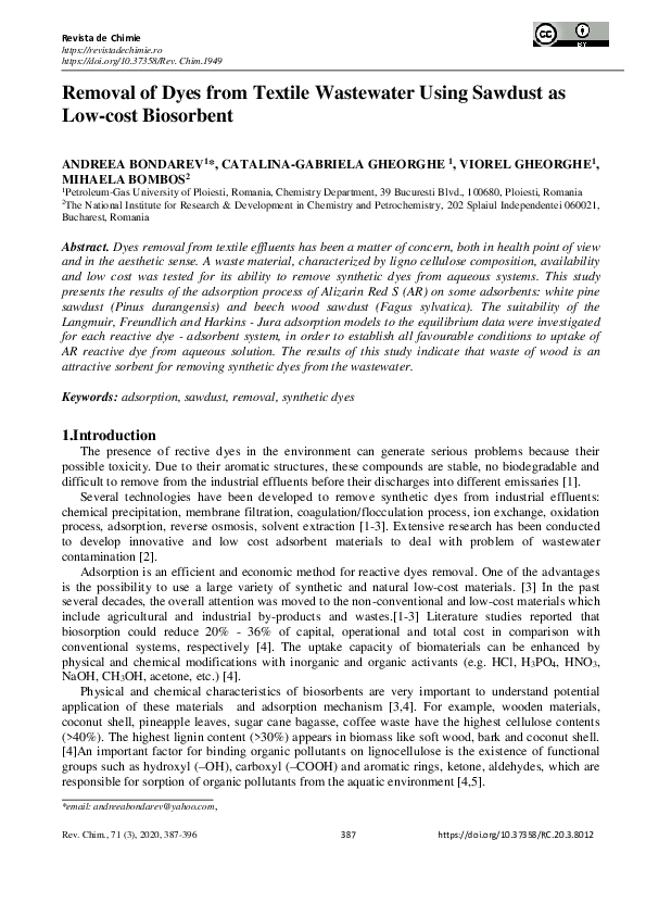 (PDF) Removal of Dyes from Textile Wastewater Using Sawdust as Low-cost Biosorbent