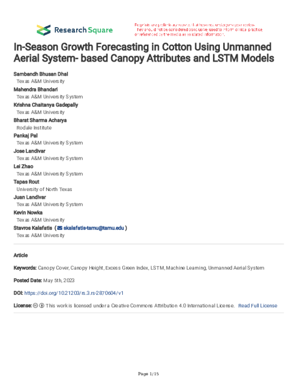 (PDF) In-Season Growth Forecasting in Cotton Using Unmanned Aerial ...