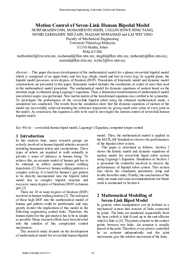 (PDF) Motion Control of Seven-Link Human Bipedal Model | maziah mohamad - Academia.edu