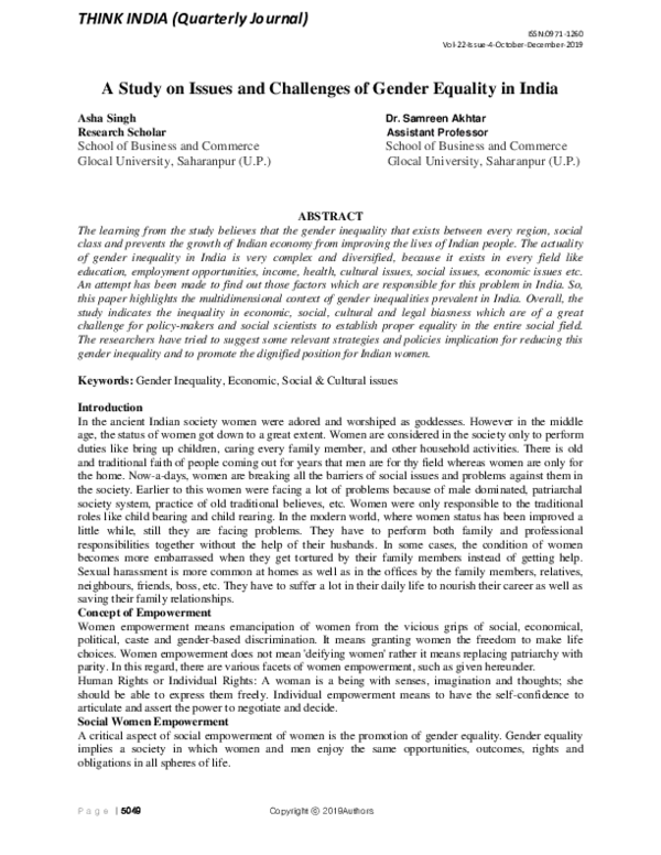 (PDF) A Study on Issues and Challenges of Gender Equality in India