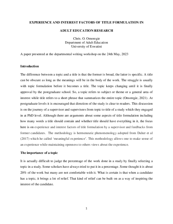 (PDF) EXPERIENCE AND INTEREST FACTORS OF TITLE FORMULATION IN ADULT ...