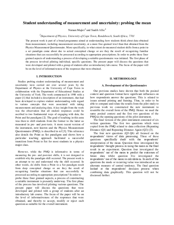 (PDF) Student understanding of measurement and uncertainty: probing the ...