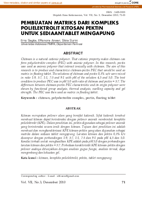 (PDF) Pembuatan Matriks dari Kompleks Polielektrolit Kitosan Pektin ...