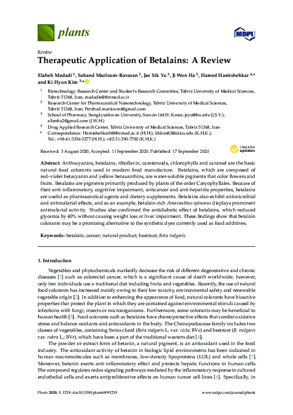 (PDF) Therapeutic Application of Betalains: A Review