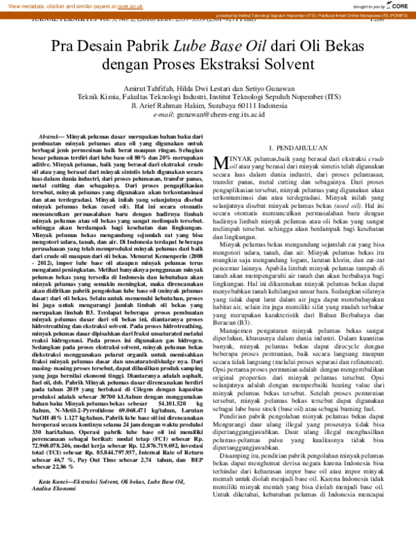 (PDF) Pra Desain Pabrik Lube Base Oil dari Oli Bekas dengan Proses Ekstraksi Solvent