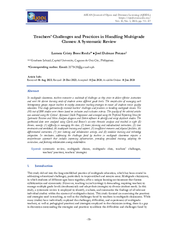 (PDF) Teachers' Challenges and Practices in Handling Multigrade Classes ...