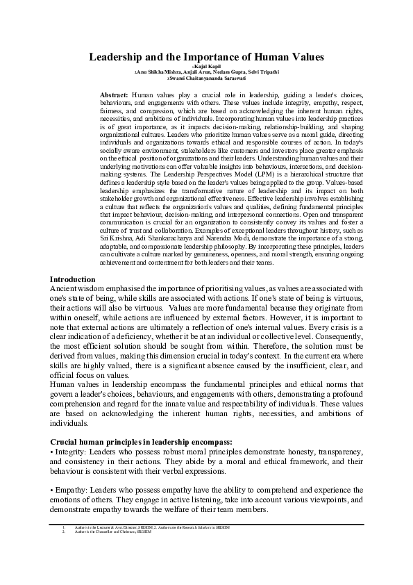 (PDF) Leadership and the Importance of Human Values