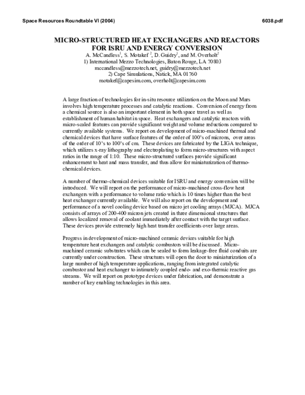 (PDF) Micro-Structured Heat Exchangers and Reactors for ISRU and Energy Conversion