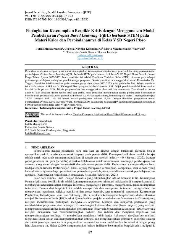 (PDF) Peningkatan Keterampilan Berpikir Kritis dengan Menggunakan Model Pembelajaran Project ...
