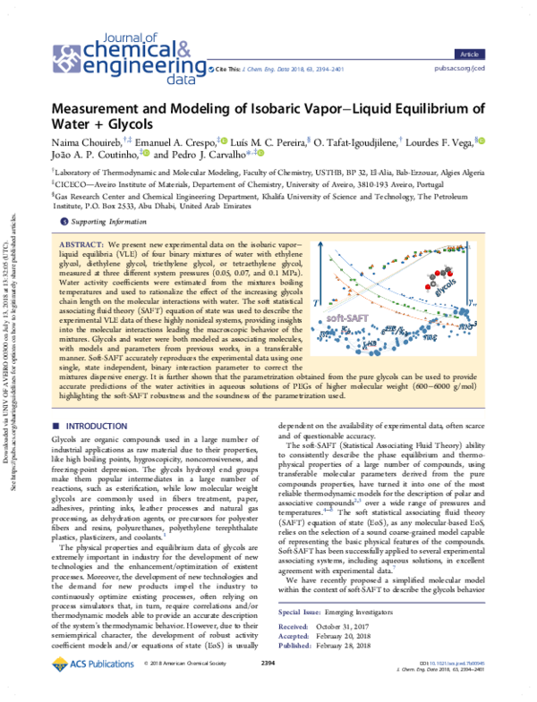 (PDF) Measurement and Modeling of Isobaric Vapor–Liquid Equilibrium of Water + Glycols