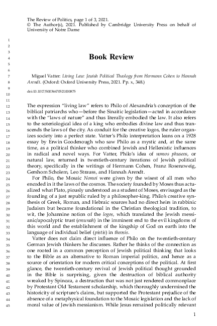 (PDF) Miguel Vatter: Living Law: Jewish Political Theology from Hermann ...