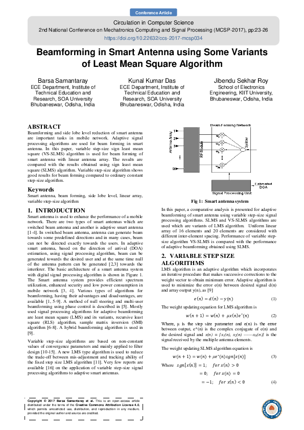 Pdf Beamforming In Smart Antenna Using Some Variants Of Least Mean Square Algorithm