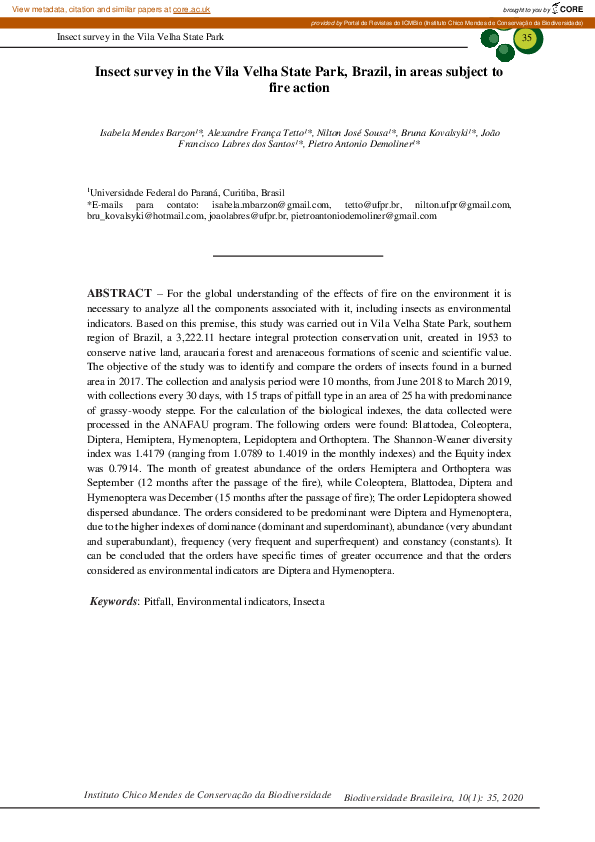 (PDF) Insect survey in the Vila Velha State Park, Brazil, in areas ...