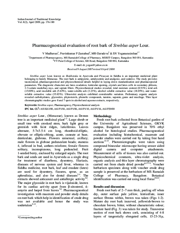 (PDF) Pharmacognostical evaluation of root bark of Streblus asper Lour