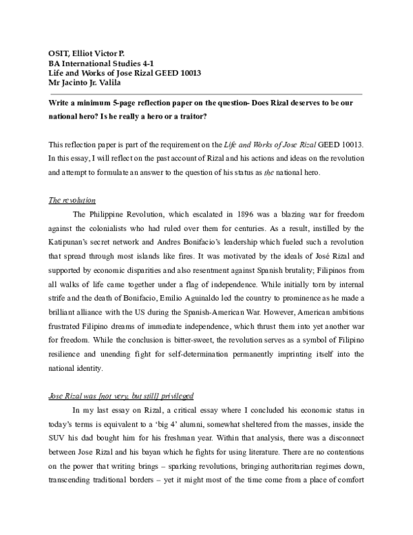 (PDF) Reflection Paper Rizal's Status as the National Hero