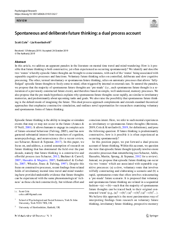 (PDF) Spontaneous and deliberate future thinking: a dual process account