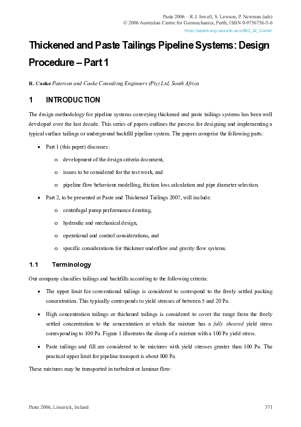 (PDF) Thickened and Paste Tailings Pipeline Systems: Design Procedure ...