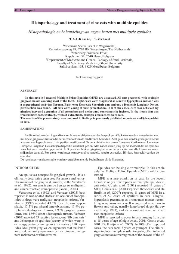 (PDF) Histopathology and treatment of nine cats with multiple epulides