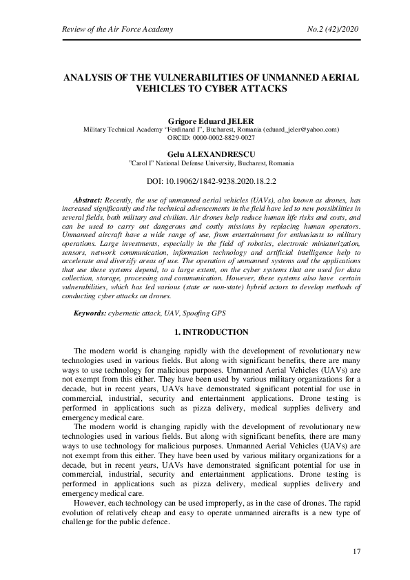 (PDF) Analysis of the Vulnerabilities of Unmanned Aerial Vehicles to Cyber Attacks