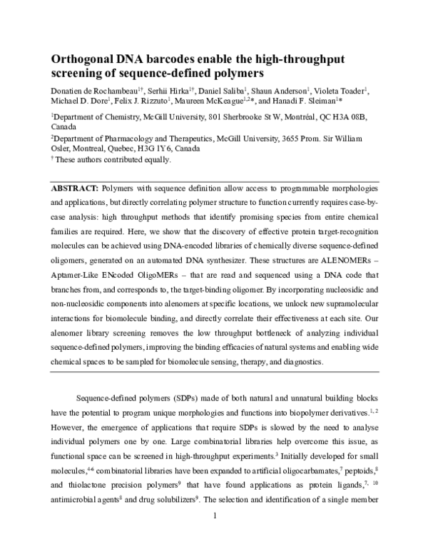 Pdf Orthogonal Dna Barcodes Enable The High Throughput Screening Of Sequence Defined Polymers