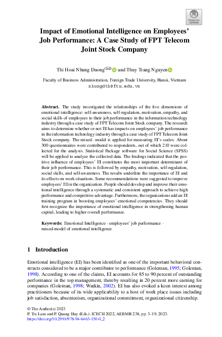 (PDF) Impact of Emotional Intelligence on Employees’ Job Performance: A Case Study of FPT ...