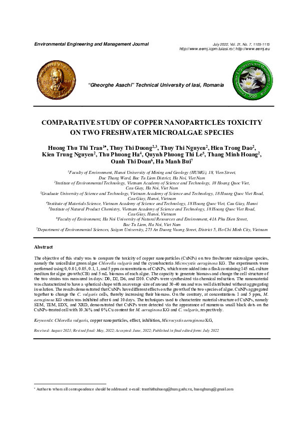 (PDF) Comparative Study of Copper Nanoparticles Toxicity on Two Freshwater Microalgae Species
