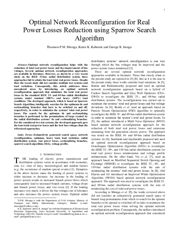 Pdf Optimal Network Reconfiguration For Real Power Losses Reduction Using Sparrow Search