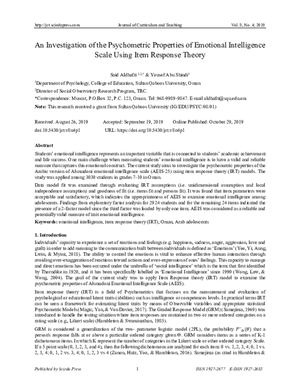(PDF) An Investigation of the Psychometric Properties of Emotional Intelligence Scale Using Item ...