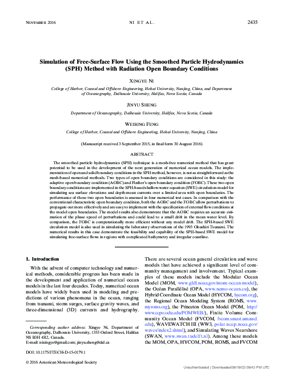 (PDF) Simulation of Free-Surface Flow Using the Smoothed Particle Hydrodynamics (SPH) Method ...