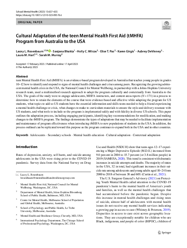 (PDF) Cultural Adaptation of the teen Mental Health First Aid (tMHFA ...