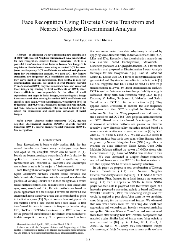 (PDF) Face Recognition Using Discrete Cosine Transform and Nearest Neighbor Discriminant Analysis