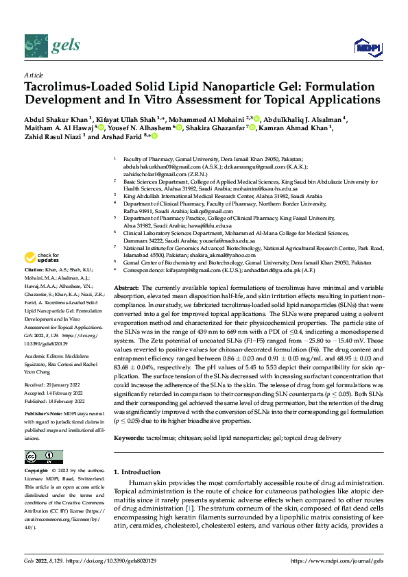 Pdf Tacrolimus Loaded Solid Lipid Nanoparticle Gel Formulation