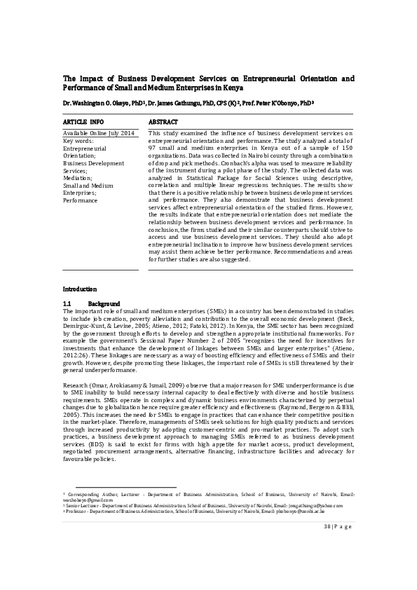 (PDF) The Impact of Business Development Services on Entrepreneurial Orientation and Performance ...