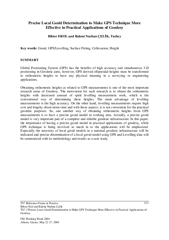 (PDF) Precise Local Geoid Determination to Make GPS Technique More Effective in Practical ...