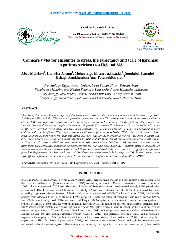 (PDF) Compare styles for encounter to stress, life expectancy and scale ...