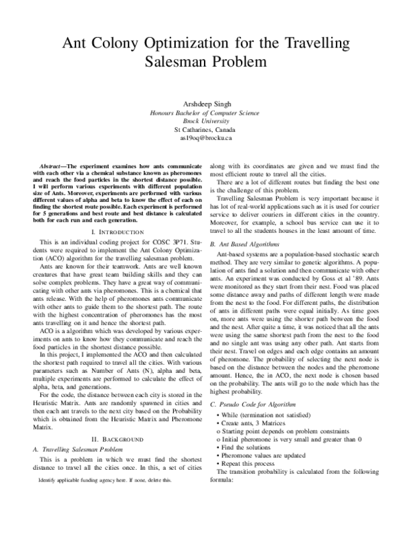 Pdf Ant Colony Optimization For The Travelling Salesman Problem